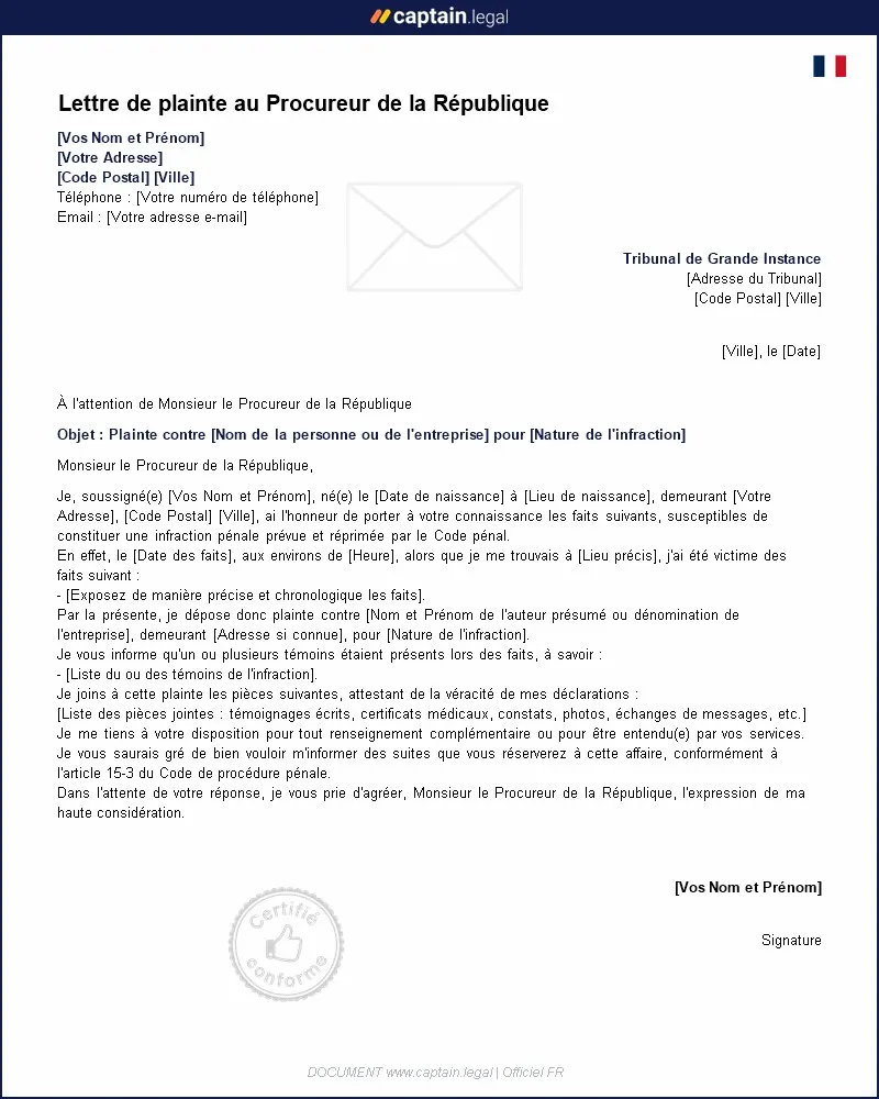 Télécharger gratuitement la lettre de plainte contre une personne en PDF - modelesdoc.fr